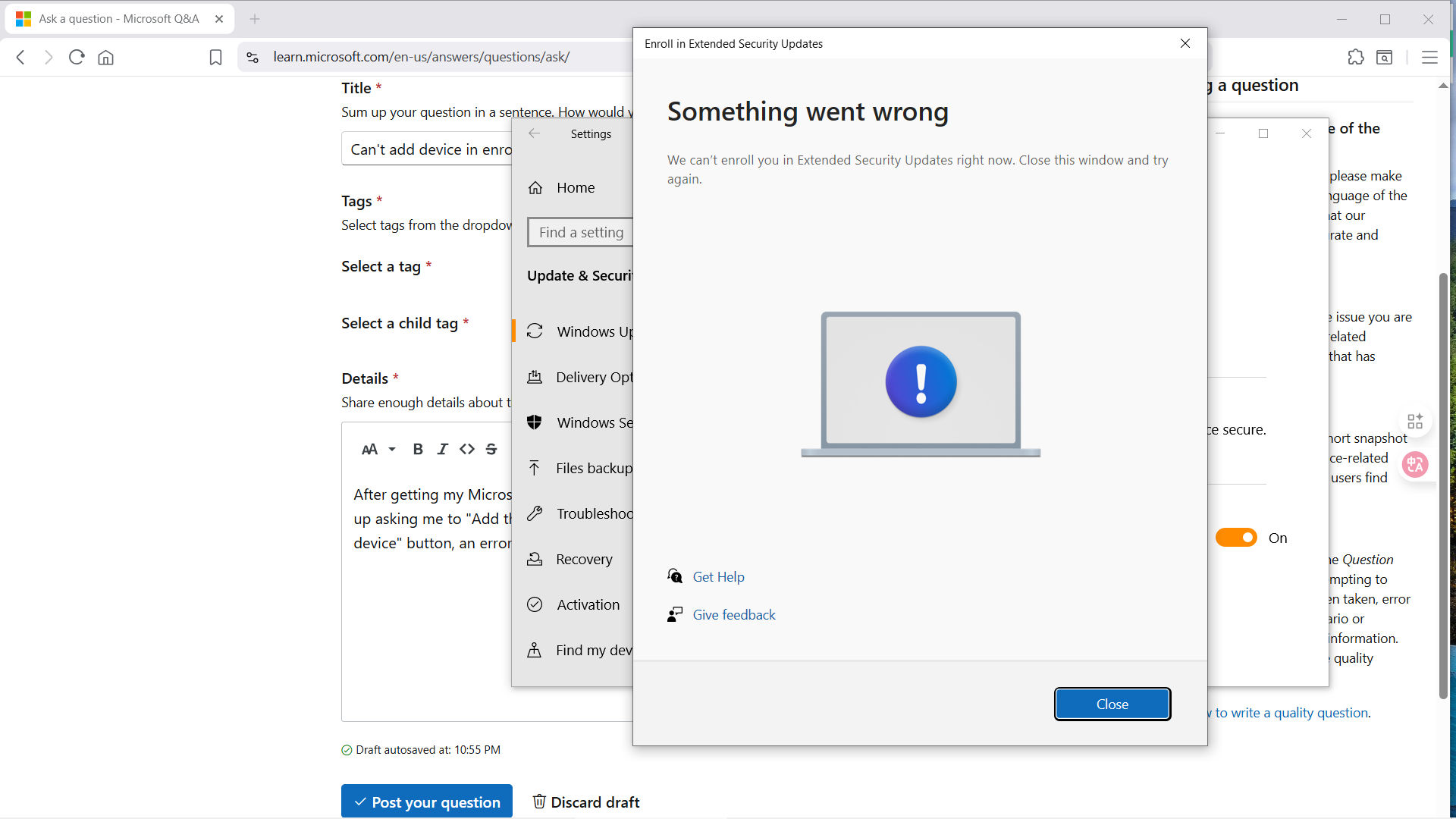 Can't add device in enrolling ESU in Windows 10 - Microsoft Q&A