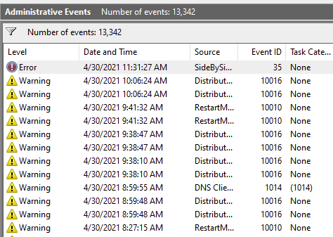Administrative events: warnings and errors - Microsoft Q&A