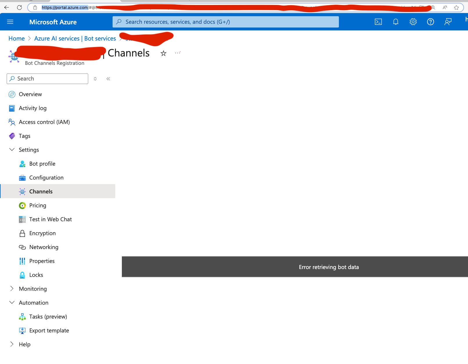 Bot Services # channels tab is not loading - Microsoft Q&A