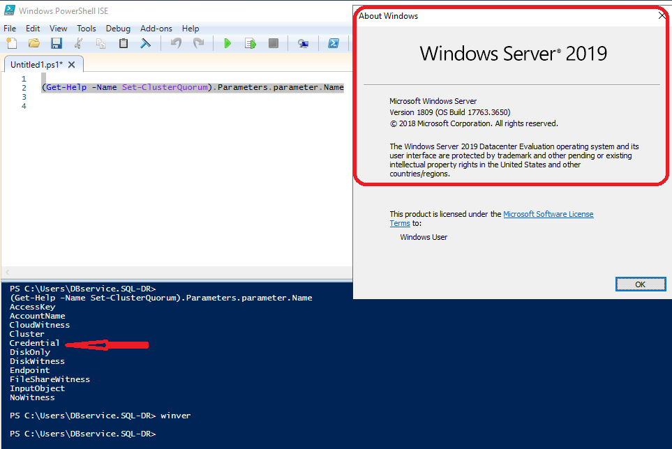 Set-ClusterQuorum: A parameter cannot be found that matches parameter name 'Credential ...