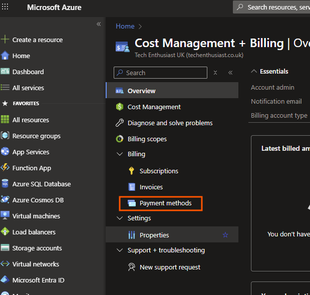 Azure will not let me update the default payment method. My invoice is ...