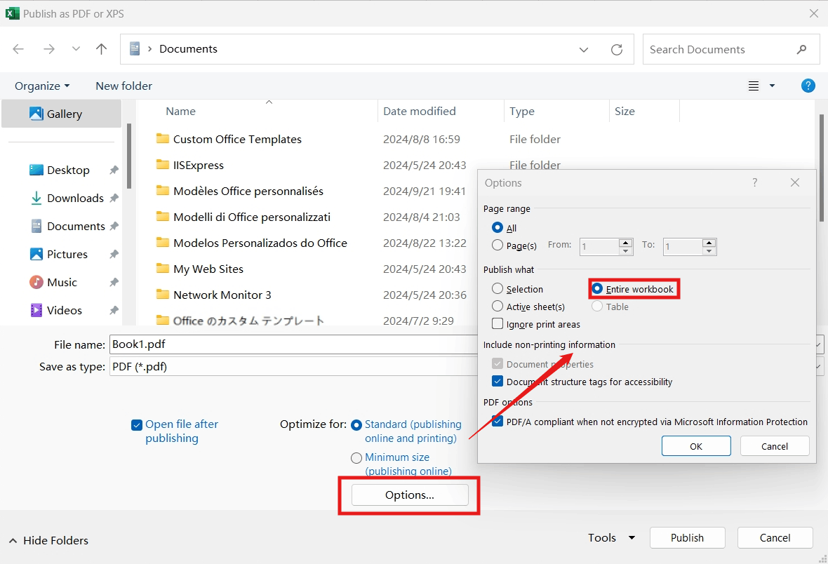 I can't do Save as PDF in Excel. I can export, but that doesn't allow me to save multiple tabs ...