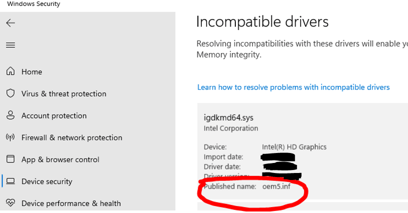 Incompatible drivers prevent switching on Memory Integrity - Microsoft Q&A
