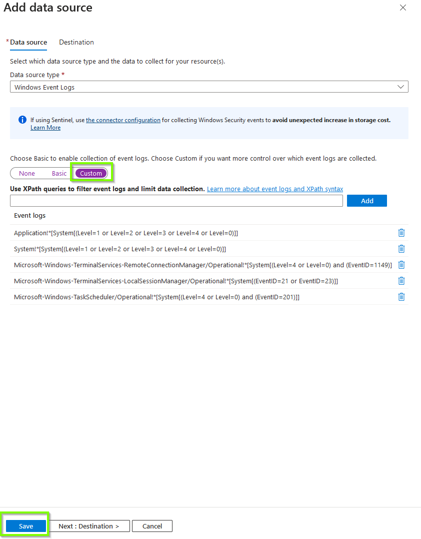 Data collection rules in Azure Monitor : Windows Event logs -> Customn - Microsoft Q&A