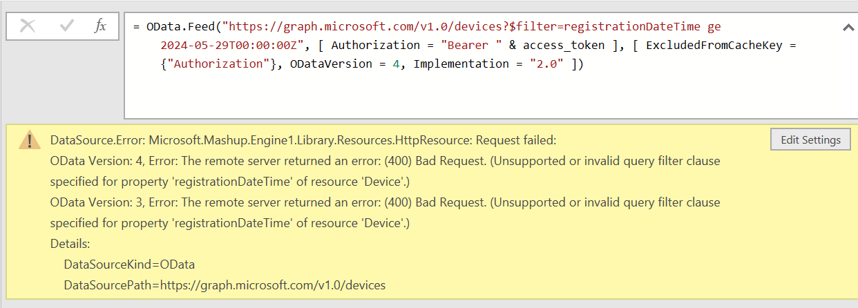 https://graph.microsoft.com/v1.0/devices?$filter=registrationDateTime not working - Microsoft Q&A