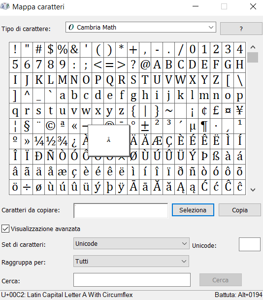 Cambria Math font symbols in character map are copied with a font size ...