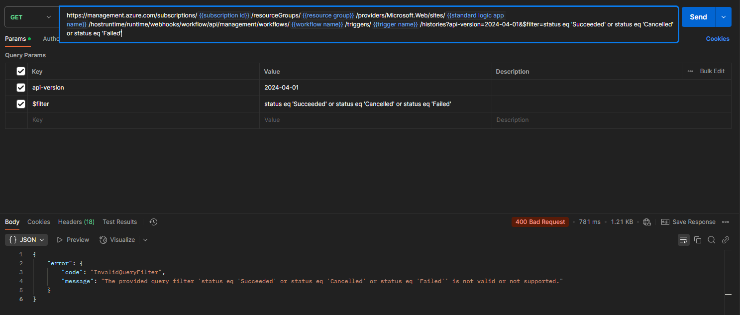 How can I filter multiple statuses in the Azure Logic Apps Trigger and Run History APIs, and ...