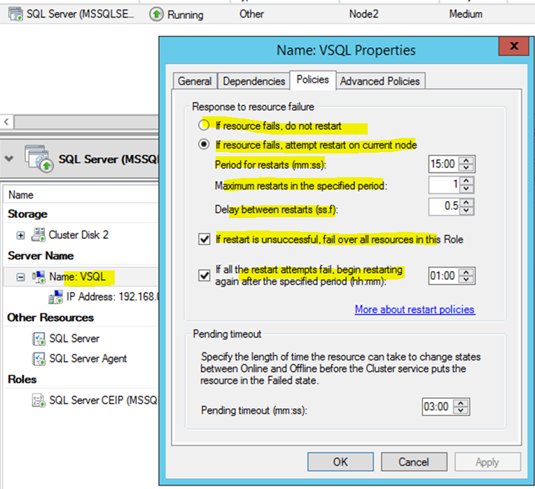 Explain 'Response to resource failure' configuration in SQL Server ...