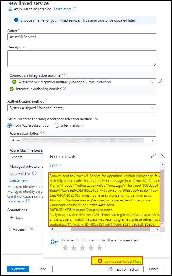 Creating a New linked service (Azure Machine Learning) in Azure Synapse analytics - Microsoft Q&A