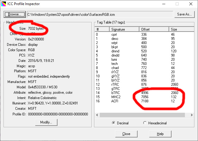 Surface Pro ICM profile has wrong header size and is rejected by some ...