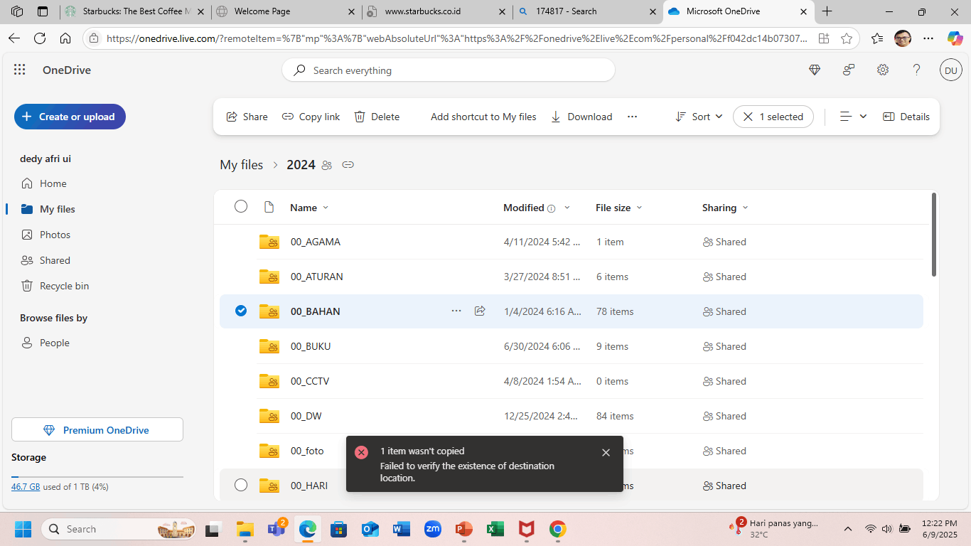 Onedrive: "failed to verify the existence of destination location ...
