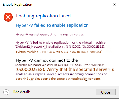 Hyper-V Replication Fails Between Standalone Windows Server 2022 Hosts - Microsoft Q&A