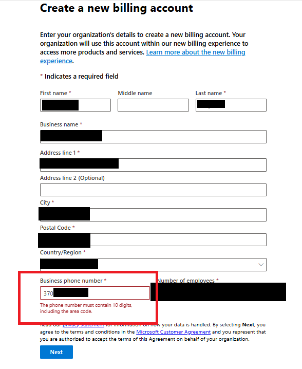 Getting error "The phone number must contain 10 digits, including the ...