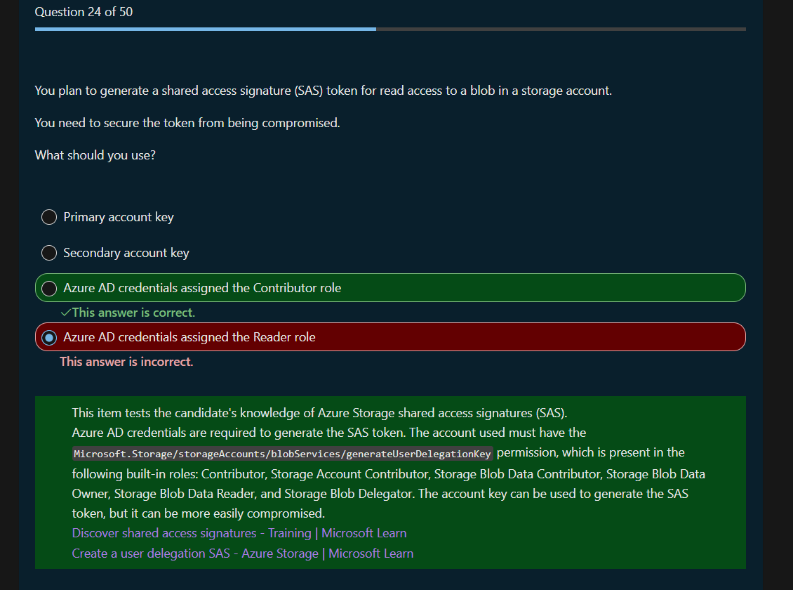SAS token generation for read access to a blob, AZ 204 question ...