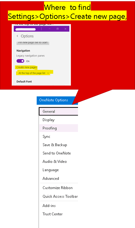 Where to find Settings>Options>Create new page - to default at the top of the Page List? to ...