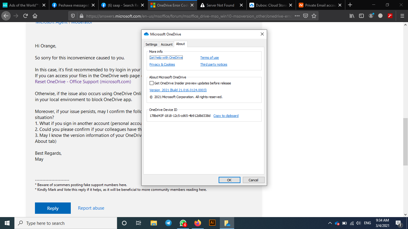 OneDrive Error Code 0x8004da9a - Microsoft Q&A