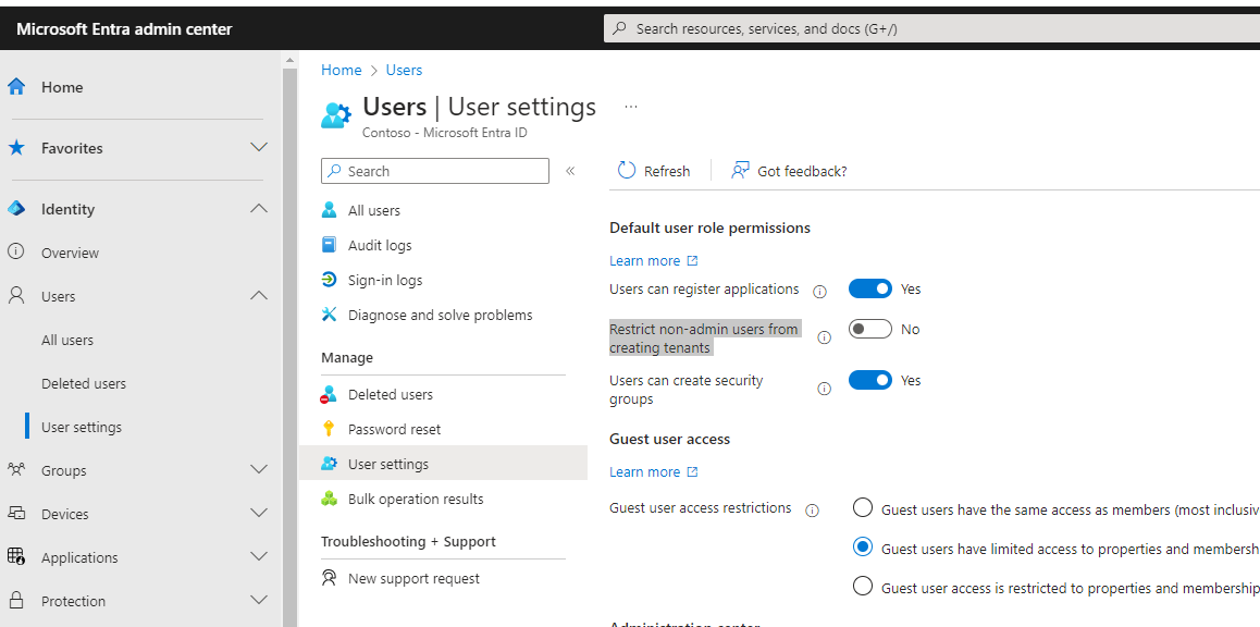 Azure portal showing restricted tenants for root user as well as all users - Microsoft Q&A