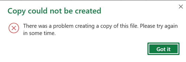 I am unable to create a copy online for one of my excel sheets ...