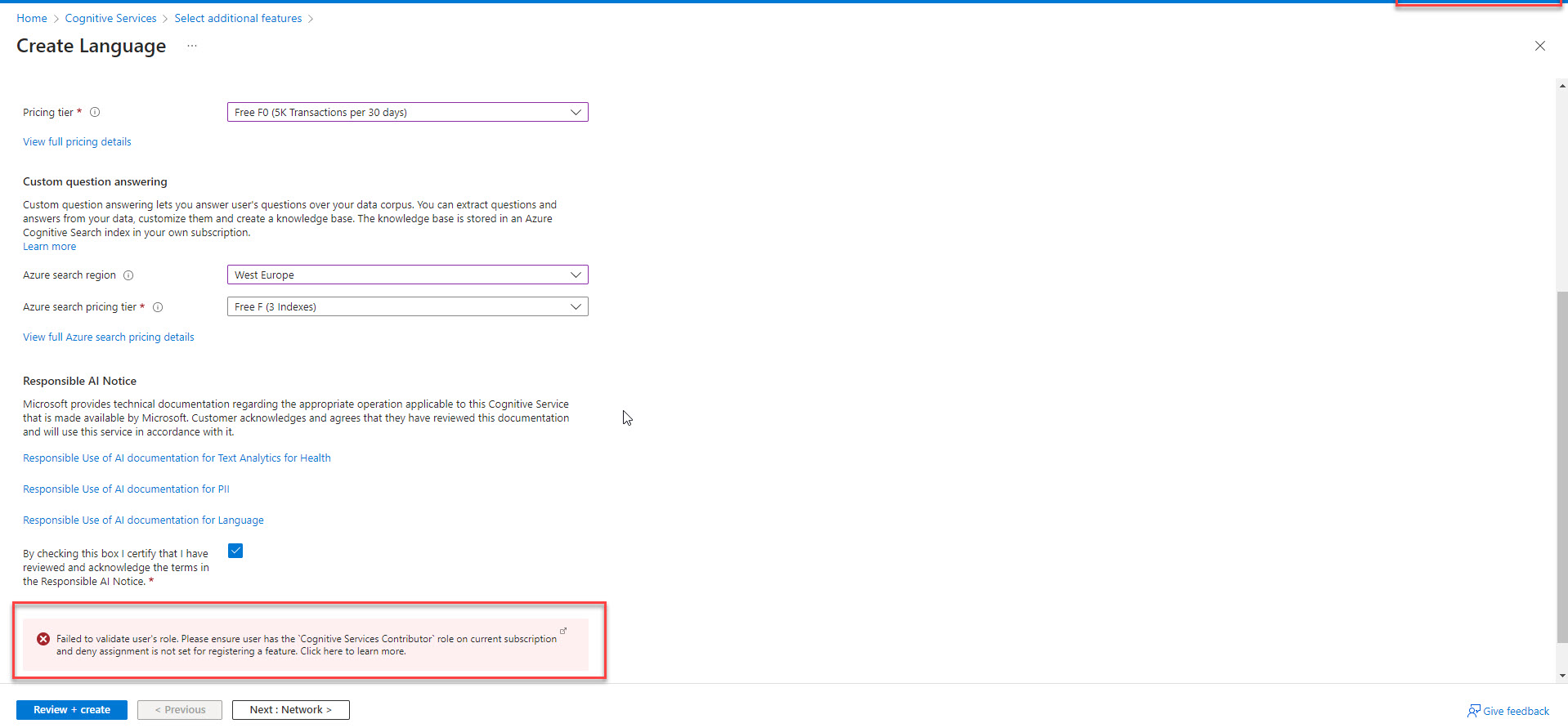 Azure Cognitive Service Language Service error message - Microsoft Q&A