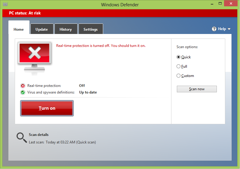 Windows Defender home screen showing 'Real Time Protection Off, while ...