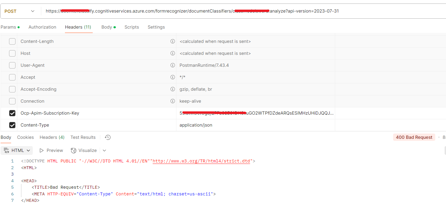 Postman Azure AI document intelligence Custom classification end point returnin invalid hostname ...
