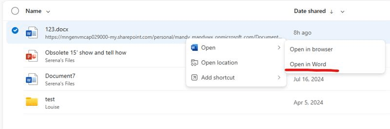 unable to open Word document shared via OneDrive in Word desktop app ...