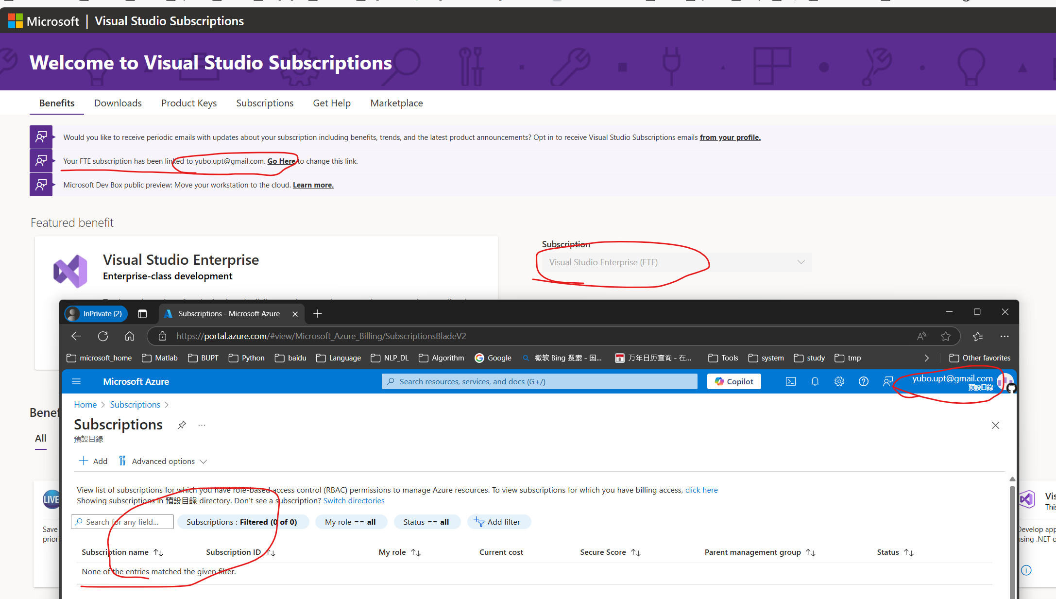 I can not find my subscription of Visual Studio Enterprise (FTE ...