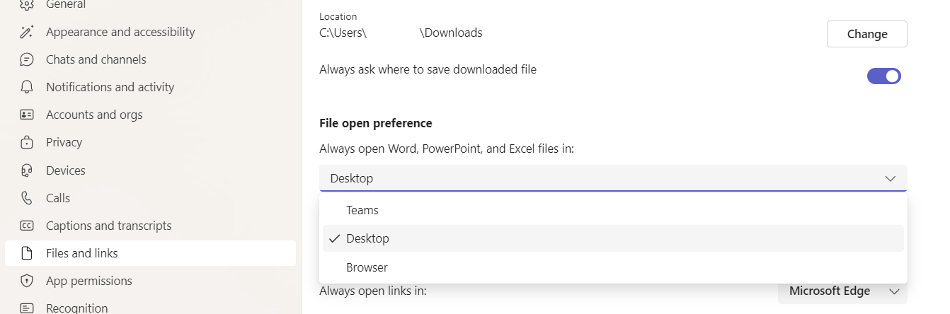 Desktop option not available under "File open preference" for default option to open a file in ...
