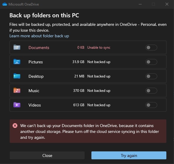 OneDrive Backup won't back up Documents folder because of other cloud ...