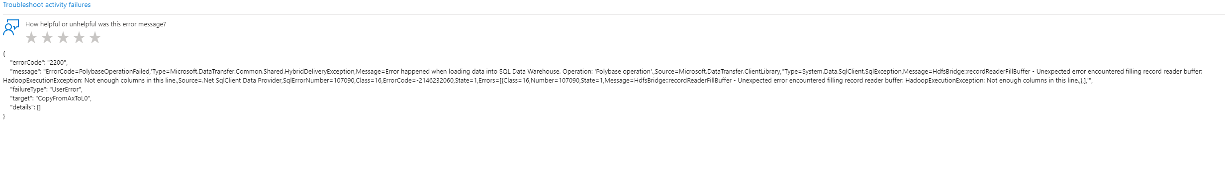 Synapse Analytics Pipeline Error Errorcode Polybaseoperationfailed Type Microsoft Datatransfer
