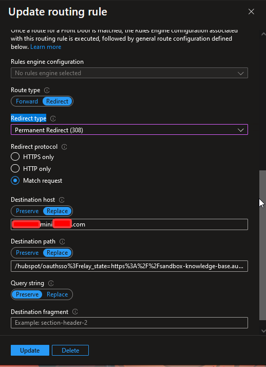 How to setup backend frontdoor redirect to destination link has special ...