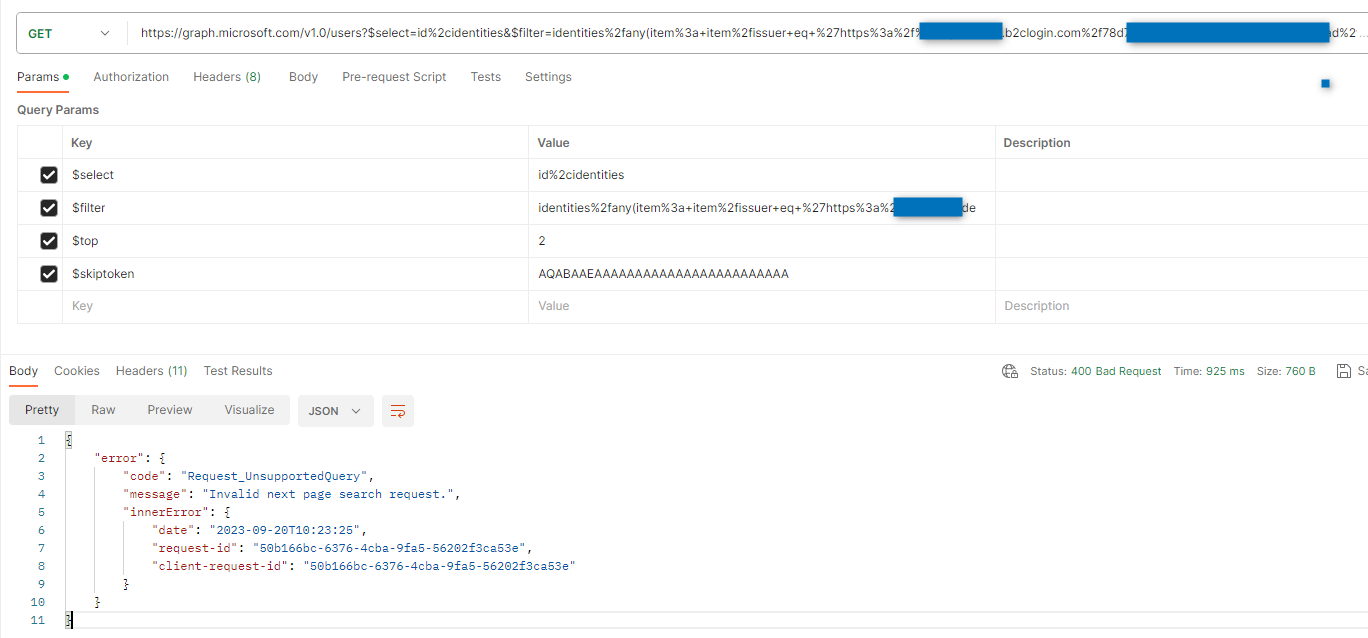 Microsoft Graph API - $skiptoken is not correct when using $filter with identities/any ...