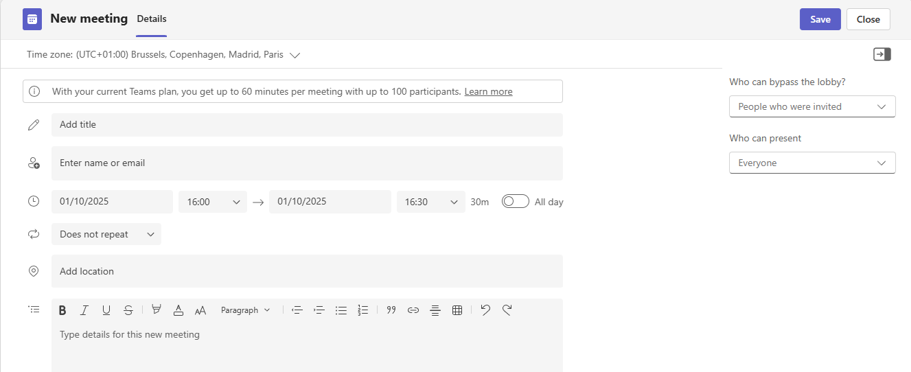 set up an online meeting in Teams old version - Microsoft Q&A