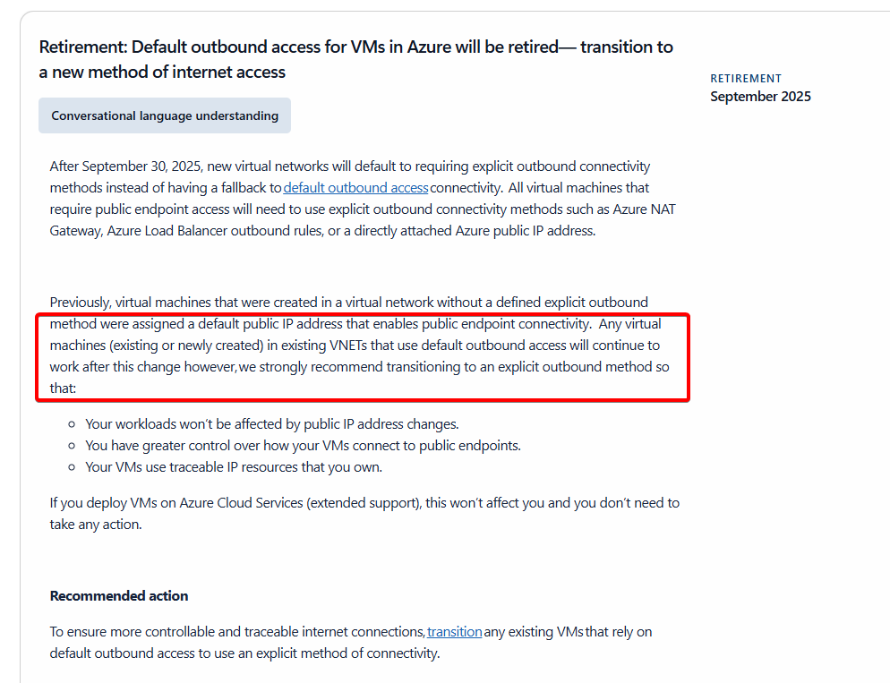 Clarification on Default Outbound Access Retirement for Azure VMs ...