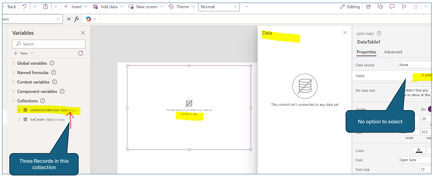 Collection Variable Table Data Is Not Showing In Add Data Option