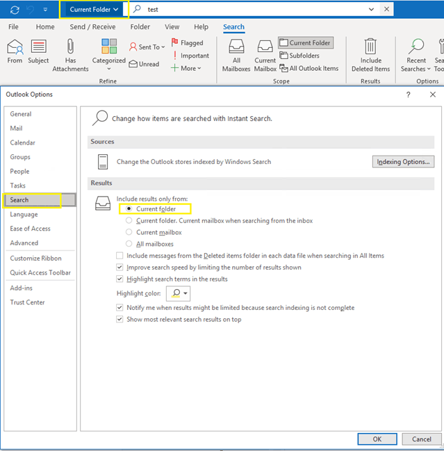 O365 Outlook Set the search function to default to Search In "Current ...