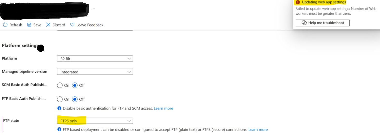 Failed to update web app settings: Number of Web workers must be greater than zero - Microsoft Q&A