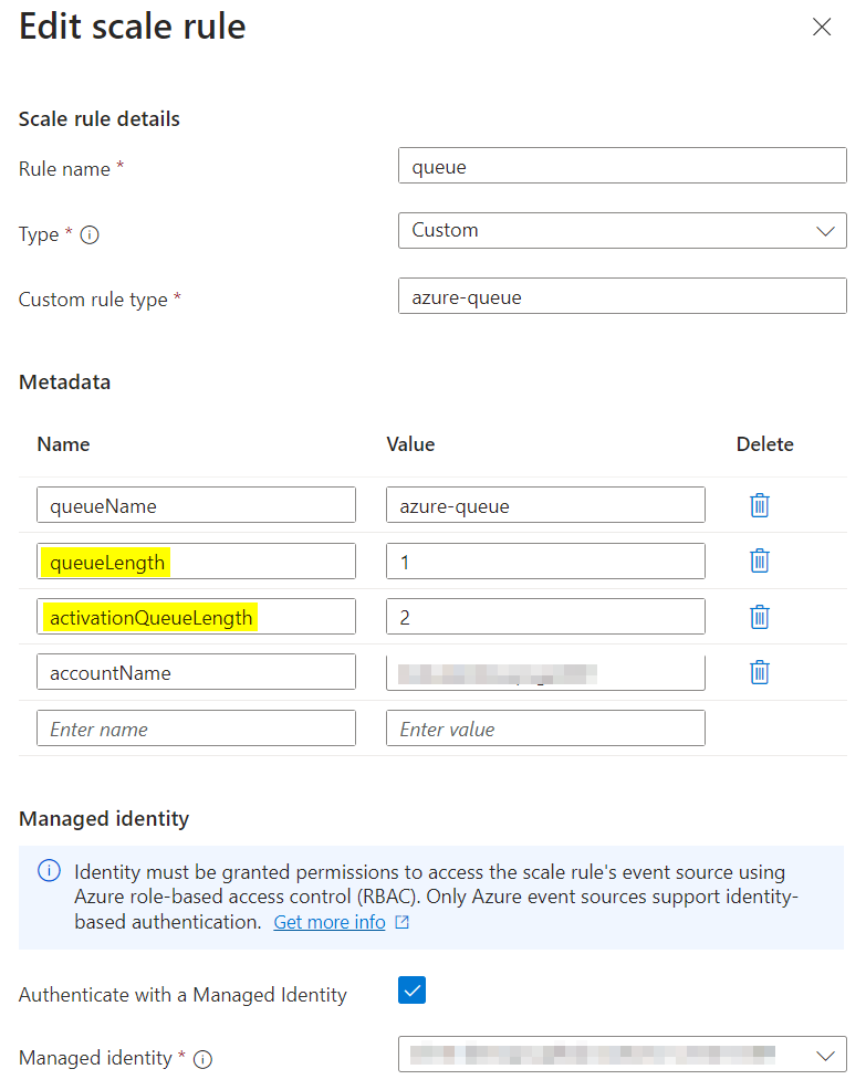Unable to use custom scale rule azure-queue - Microsoft Q&A