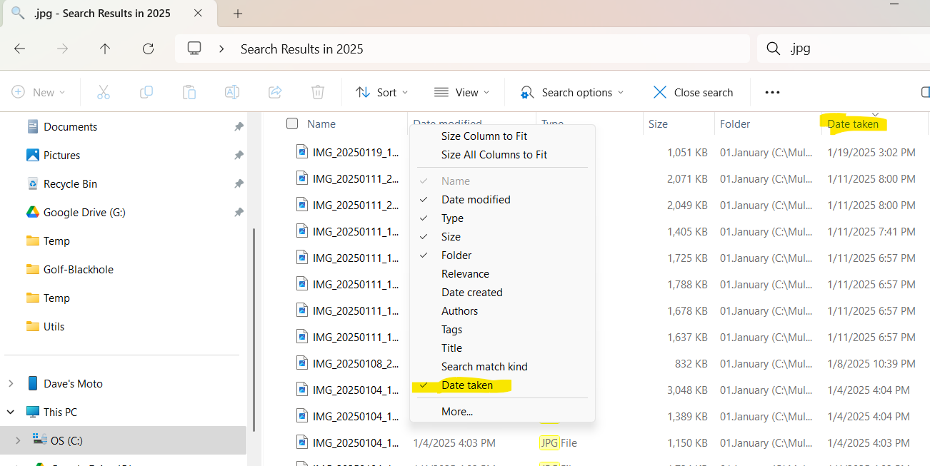 I am using Windows 11 Pro. I need to sort photos by date and time taken, not date modified ...