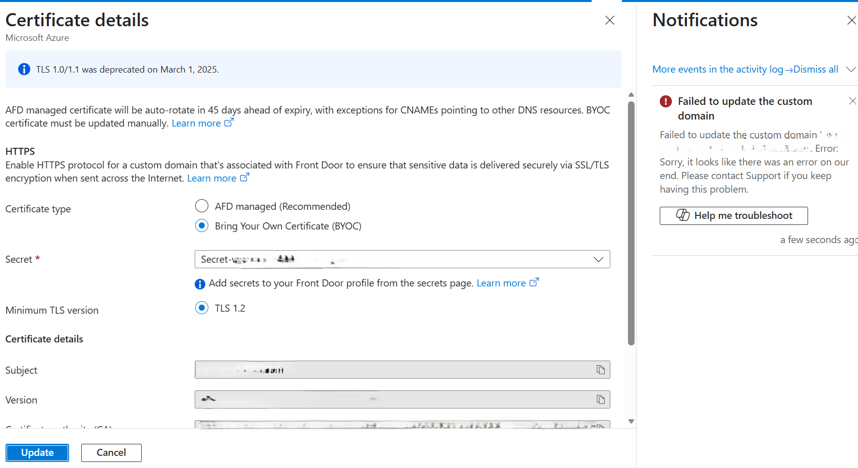 Failed to update domain secret to BYOC. - Microsoft Q&A