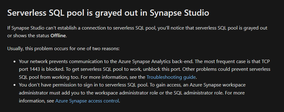 My serverless sql pool status is showing N/A in azure syanpse workspace. I am unable to run the ...