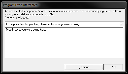 An unexpected component vsocx6.ocx or one of its dependencies not correctly registered: a files ...
