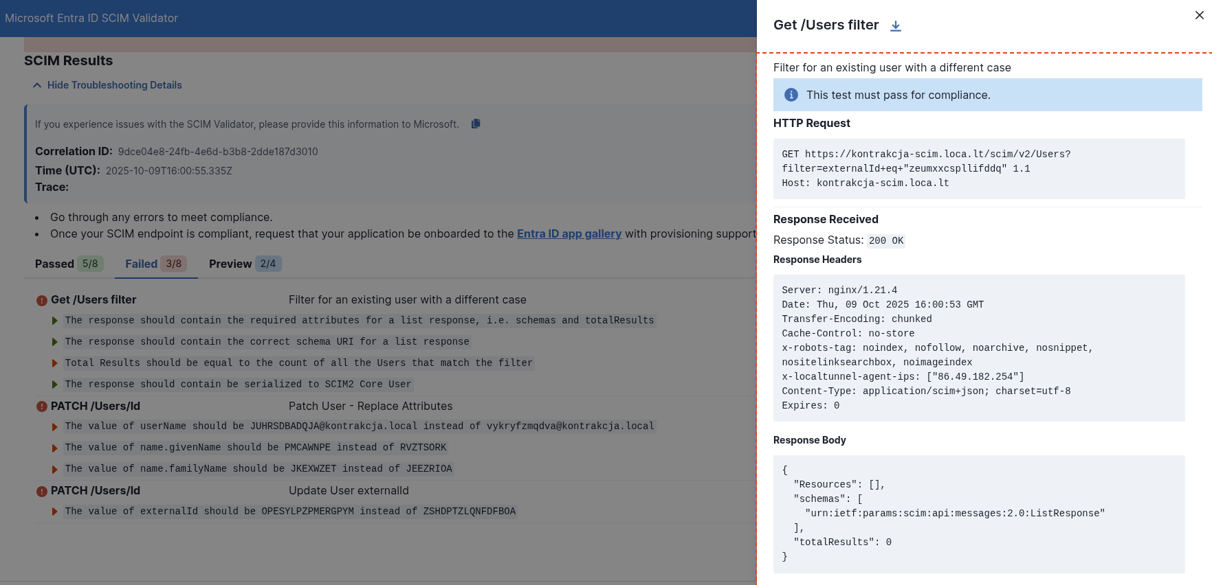 SCIM validator fails "Filter for an existing user with a different case ...