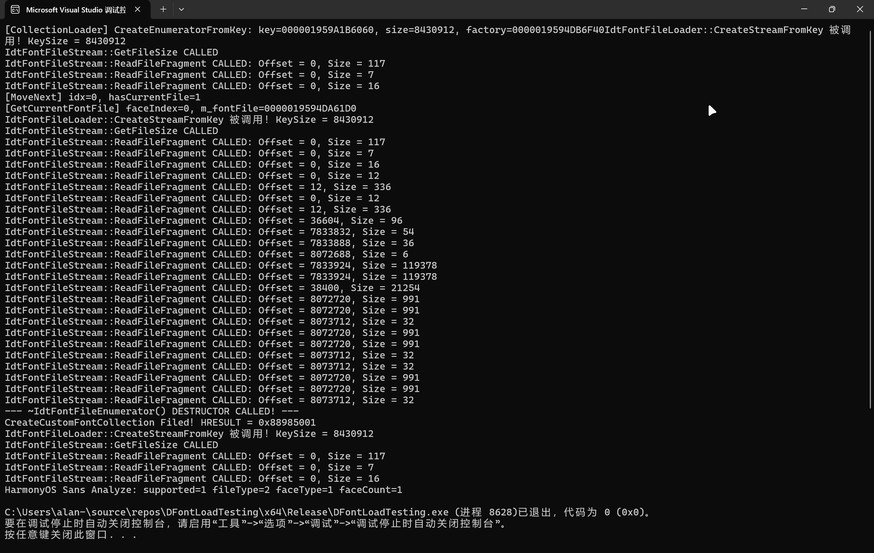D2D DWrite encountered error 0x88985001 while loading a custom font. Repeated debugging attempts ...