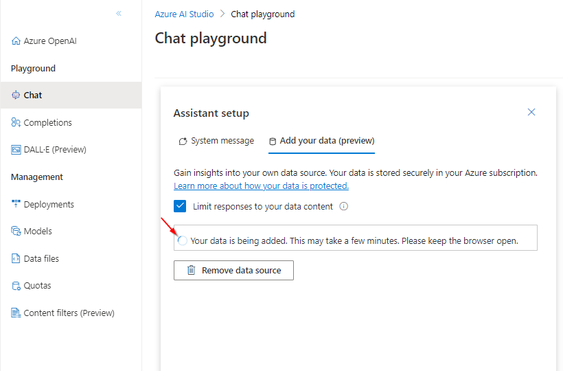 Azure AI studio > Playground > "Add your data" trigger error. - Microsoft Q&A