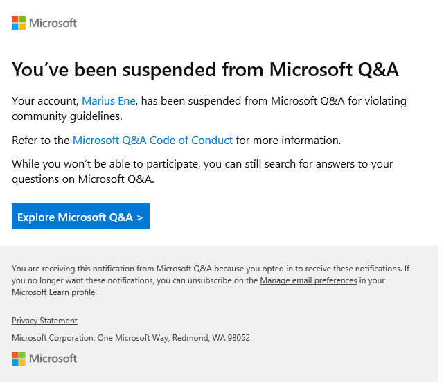 Account suspended from Microsoft Q&A - Microsoft Q&A