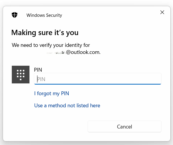 Adding old MSN account to Outlook and it asks for the windows pin for ...