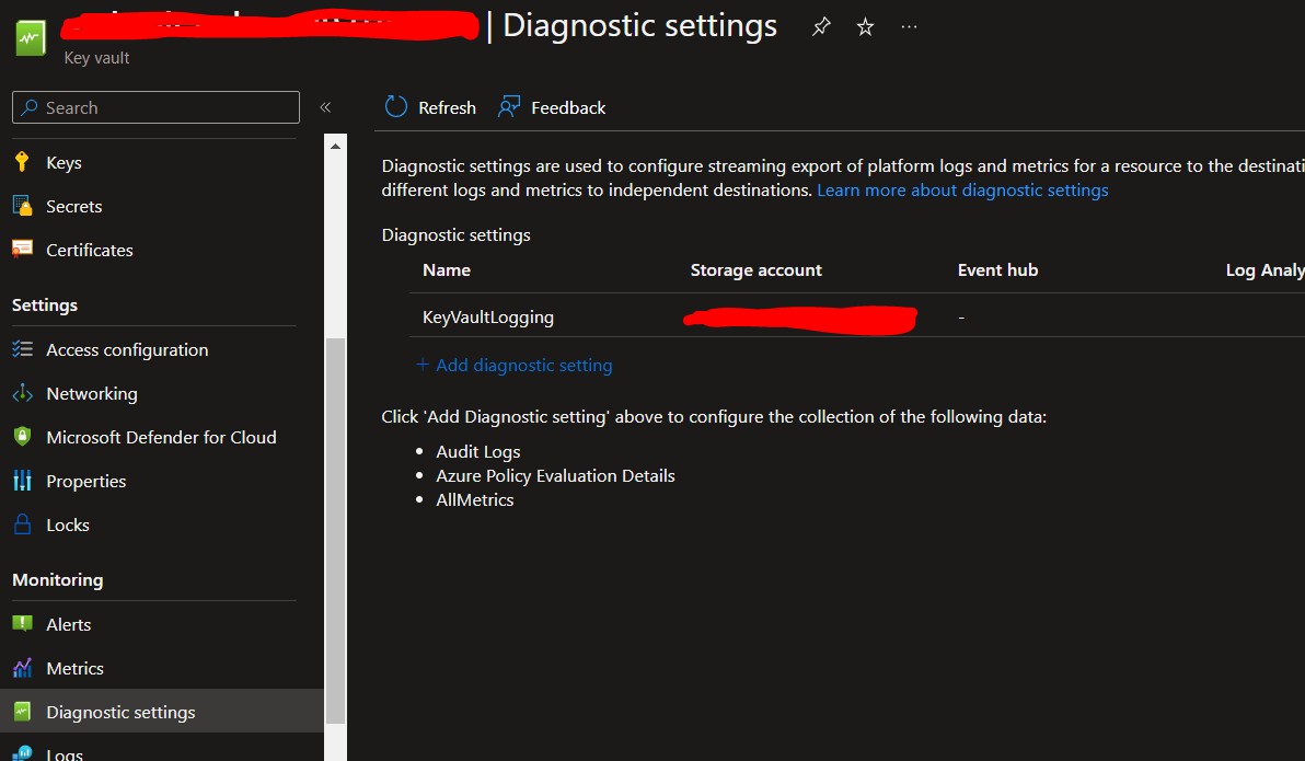 Provisioning of new workspace is adding a Key Vault diagnostic setting ...