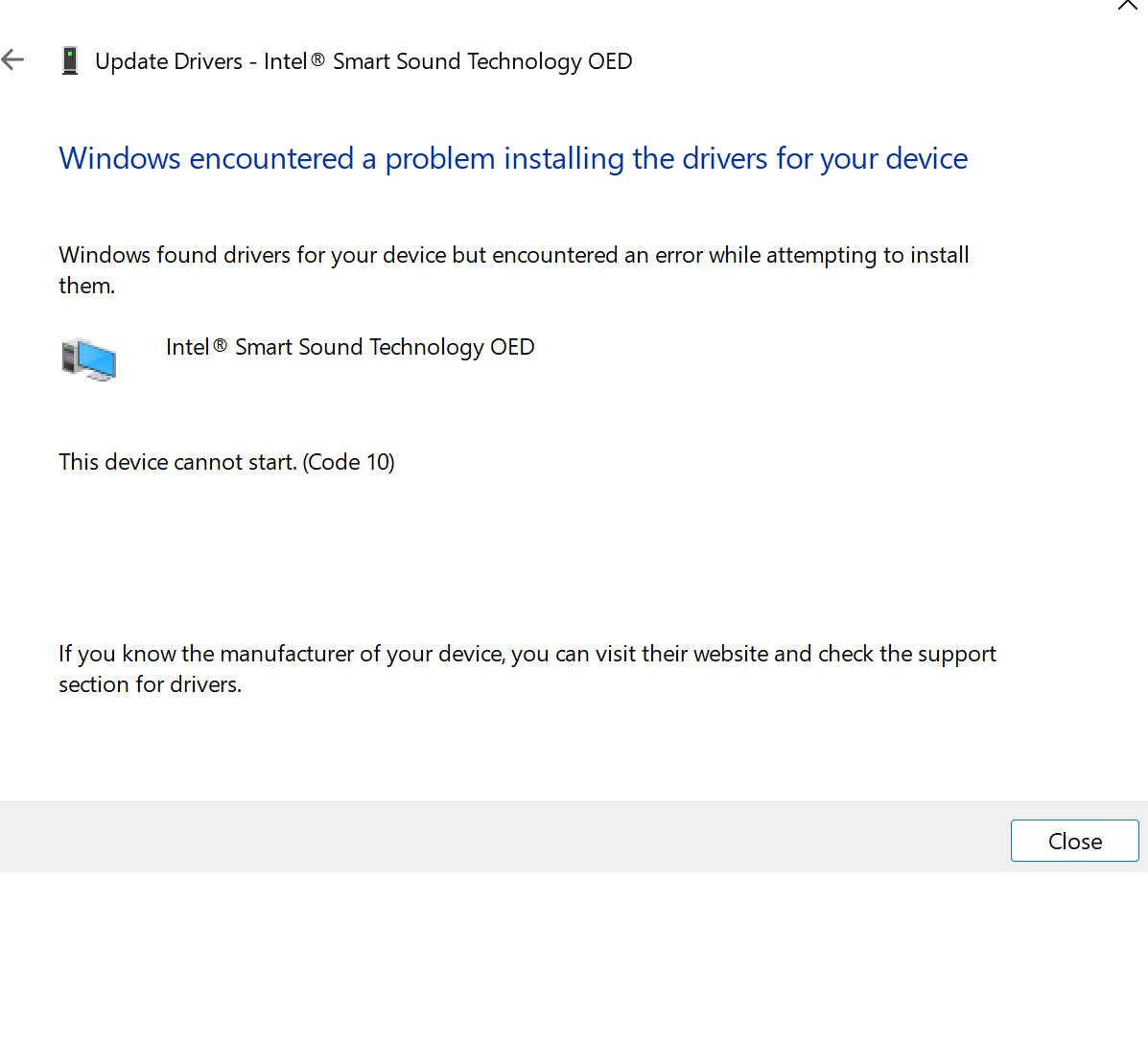 No sound on laptop. "This device cannot start. (Code 10) FW did not ...