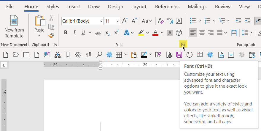 Where is the font dialog launch box launcher in Microsoft 365 ...